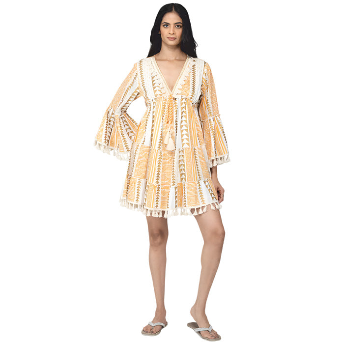 Bell Sleeve Short Dress with Fringe Trim in Orange – Sunshine Daydream